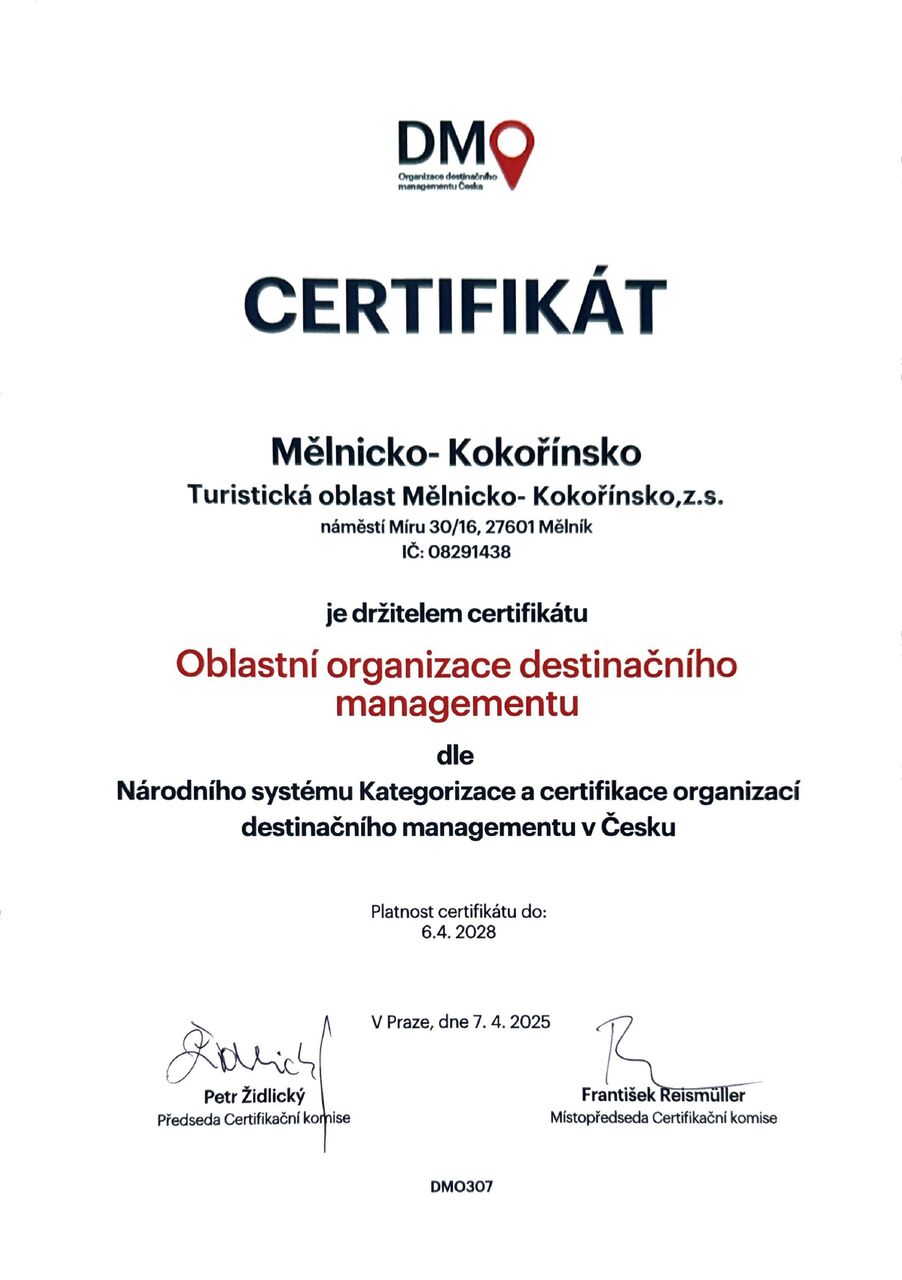 Certifikace naší turistické oblasti - Mělnicko Kokořínsko - Turistická oblast
